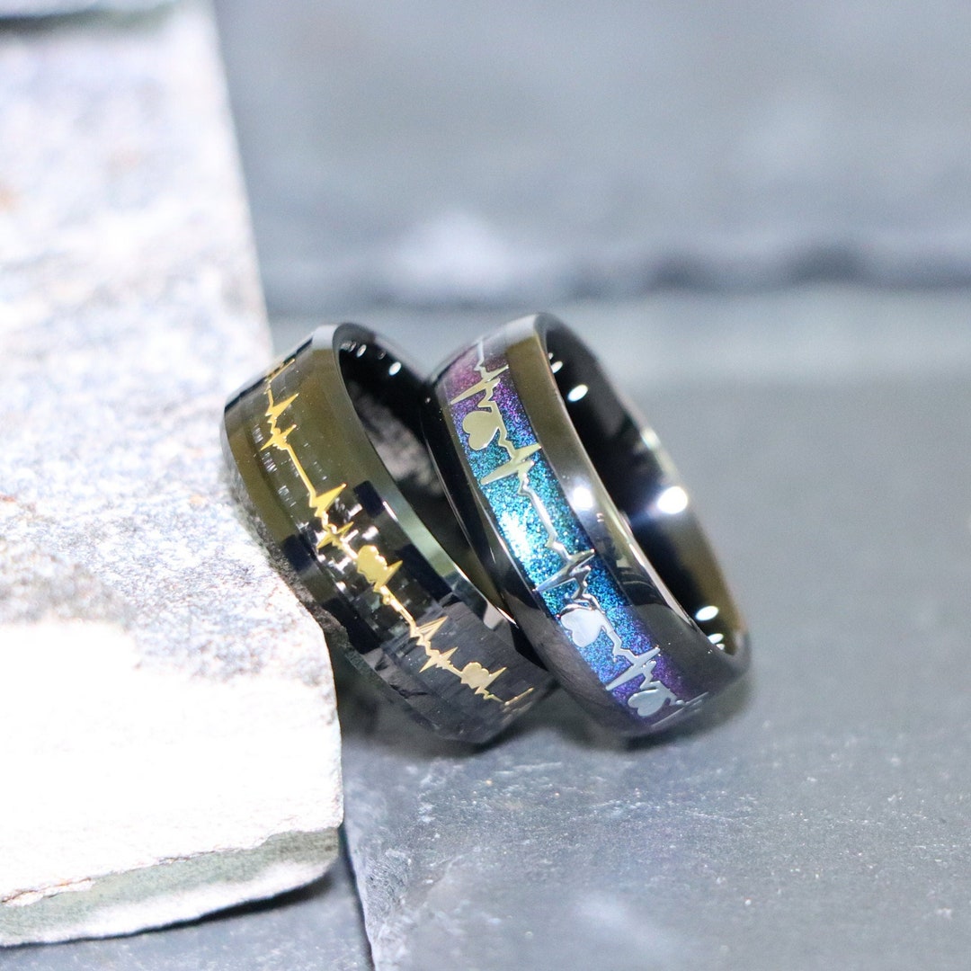 Heartbeat Ring, Multi Color Gradient W/ Heartbeat Inlay Wedding Band ...