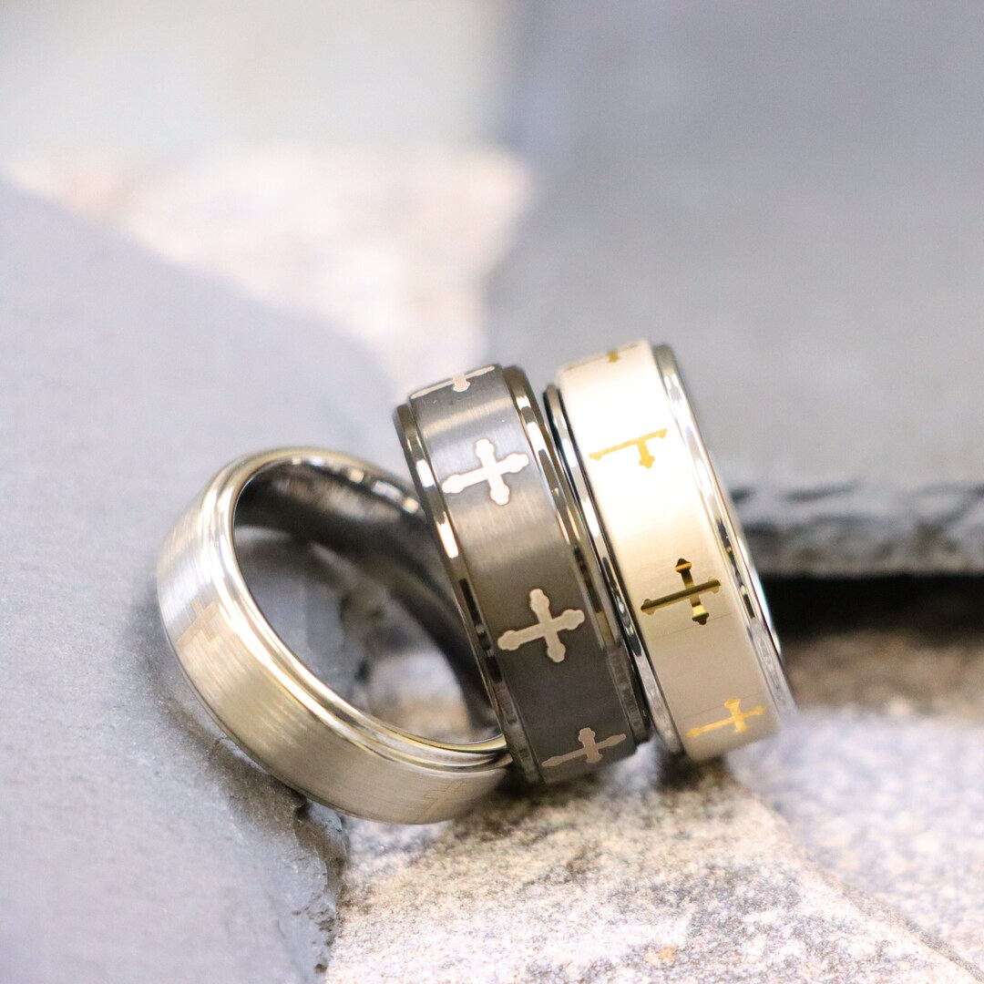 Silver Wedding Ring, Comfort Fit, Christian Wedding Ring, Cross Wedding ...