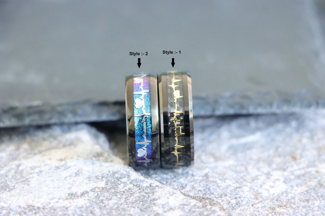 Heartbeat Inlay Wedding Band, Men's Engagement Ring, Black Tungsten ...