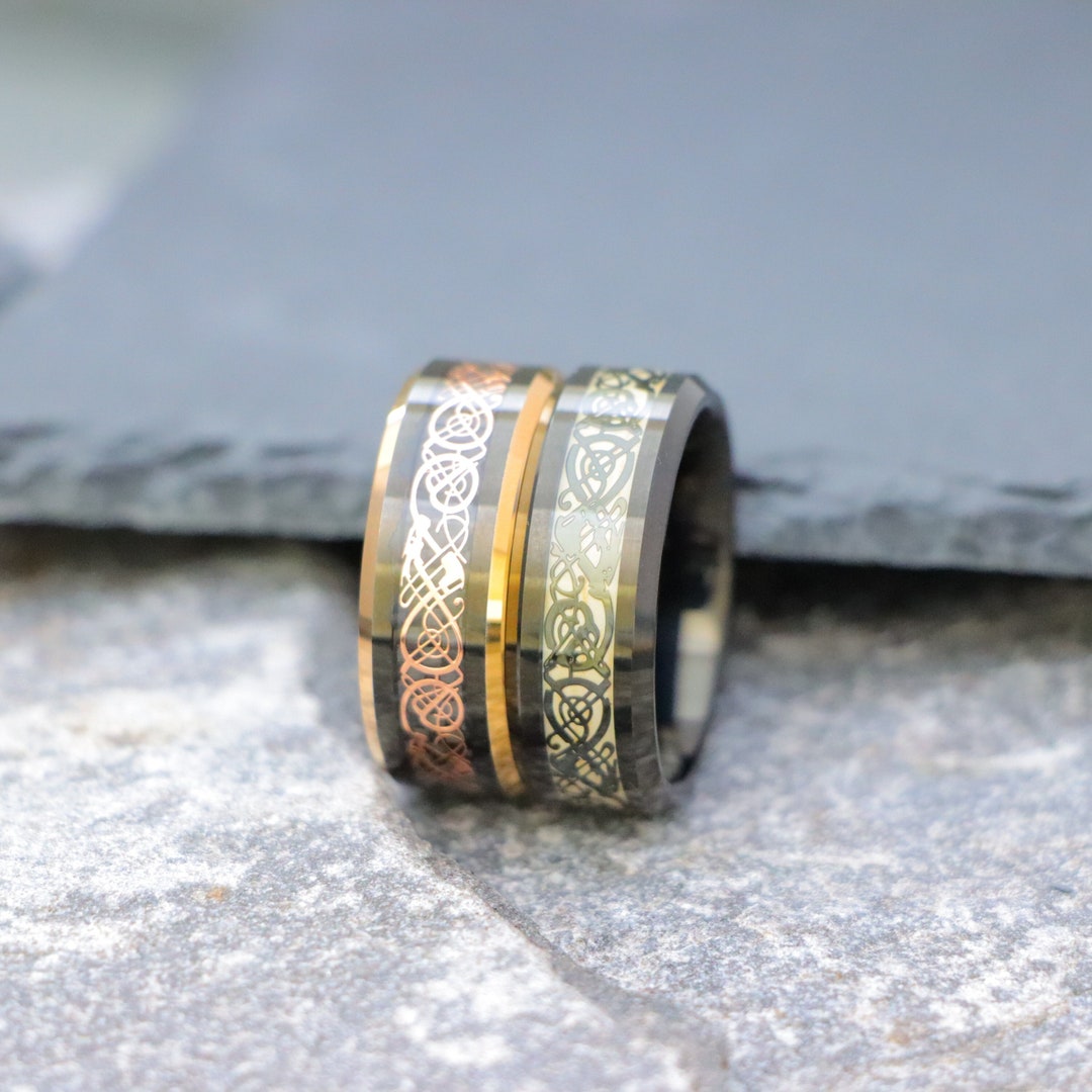 Black & Rose Gold Tungsten Men's Wedding Band With Celtic Dragon Inlay ...