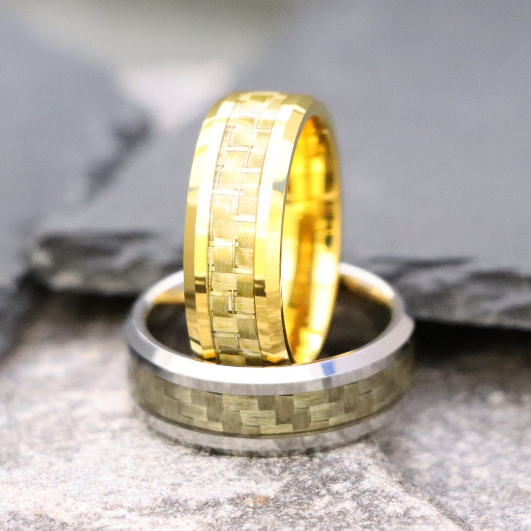 Silver Tungsten Promise Rings,gold Carbon Fiber Inlay Beveled Edge ...