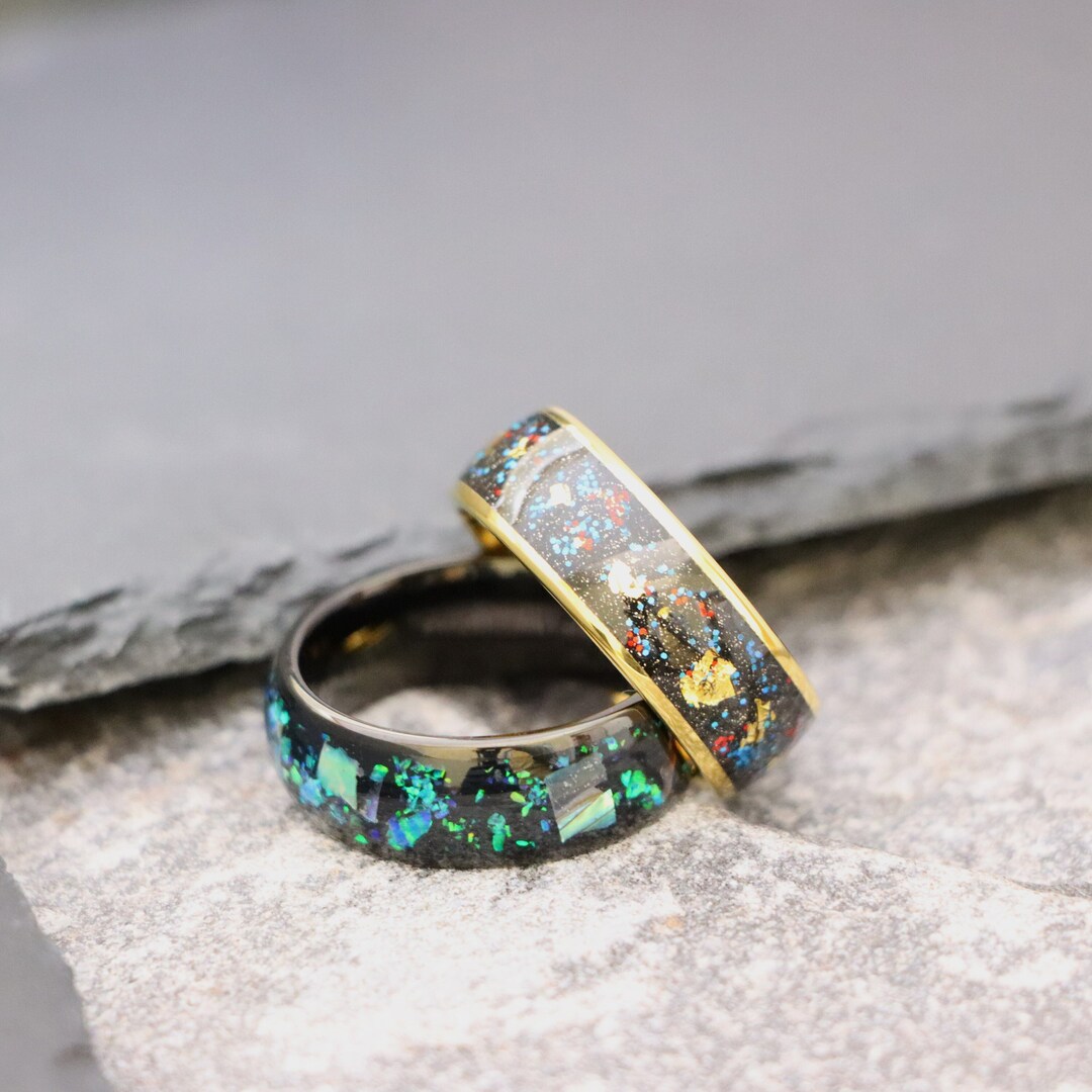 Opal & Abalone Fragments Inlay Comfort Fit Tungsten Ring, Turquoise ...