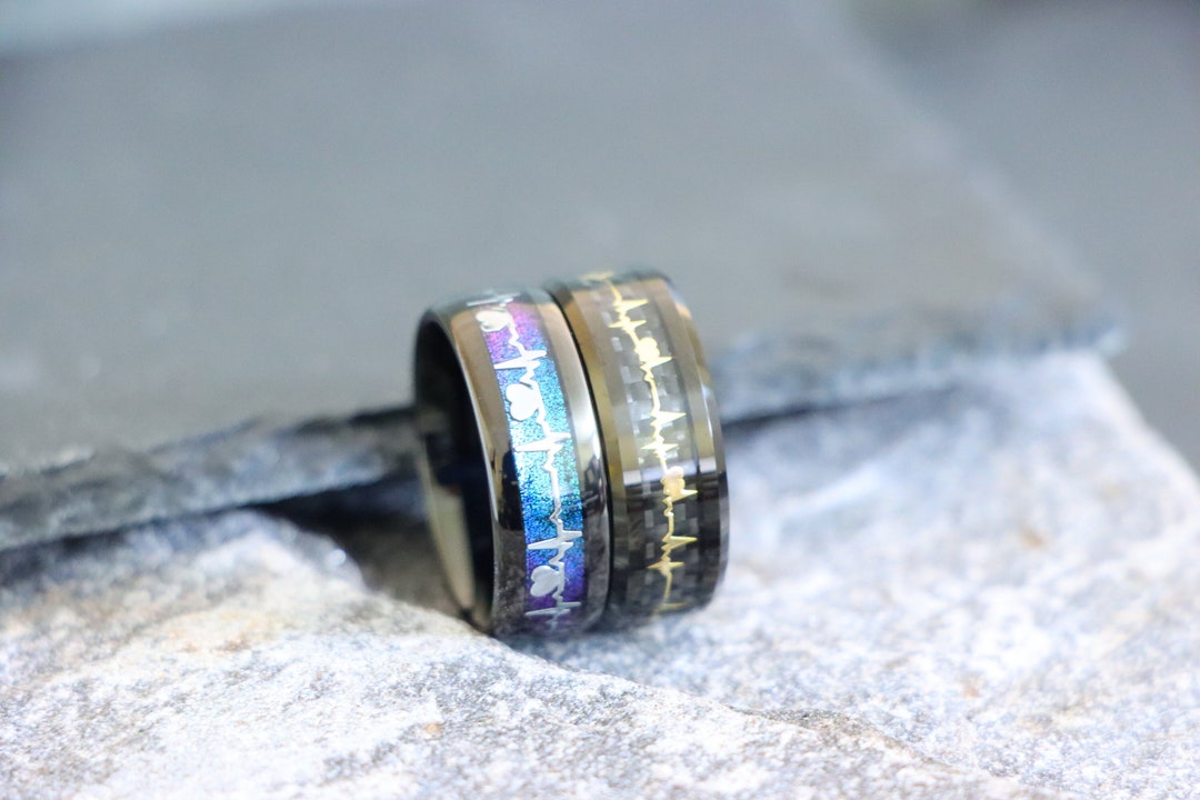 Heartbeat Ring, Mens Engagement Ring, Black Tungsten Wedding Ring ...