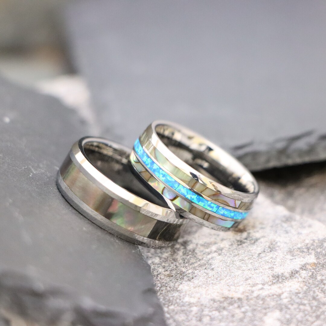 Abalone Blue Opal Inlay Dome Tungsten Wedding Band Mens Tungsten ...