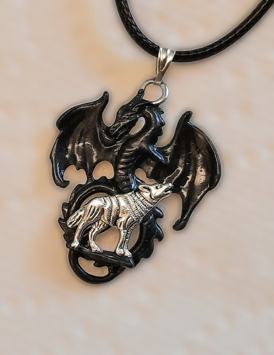 Dragon and Wolf Pendant With Cord Necklace - Etsy