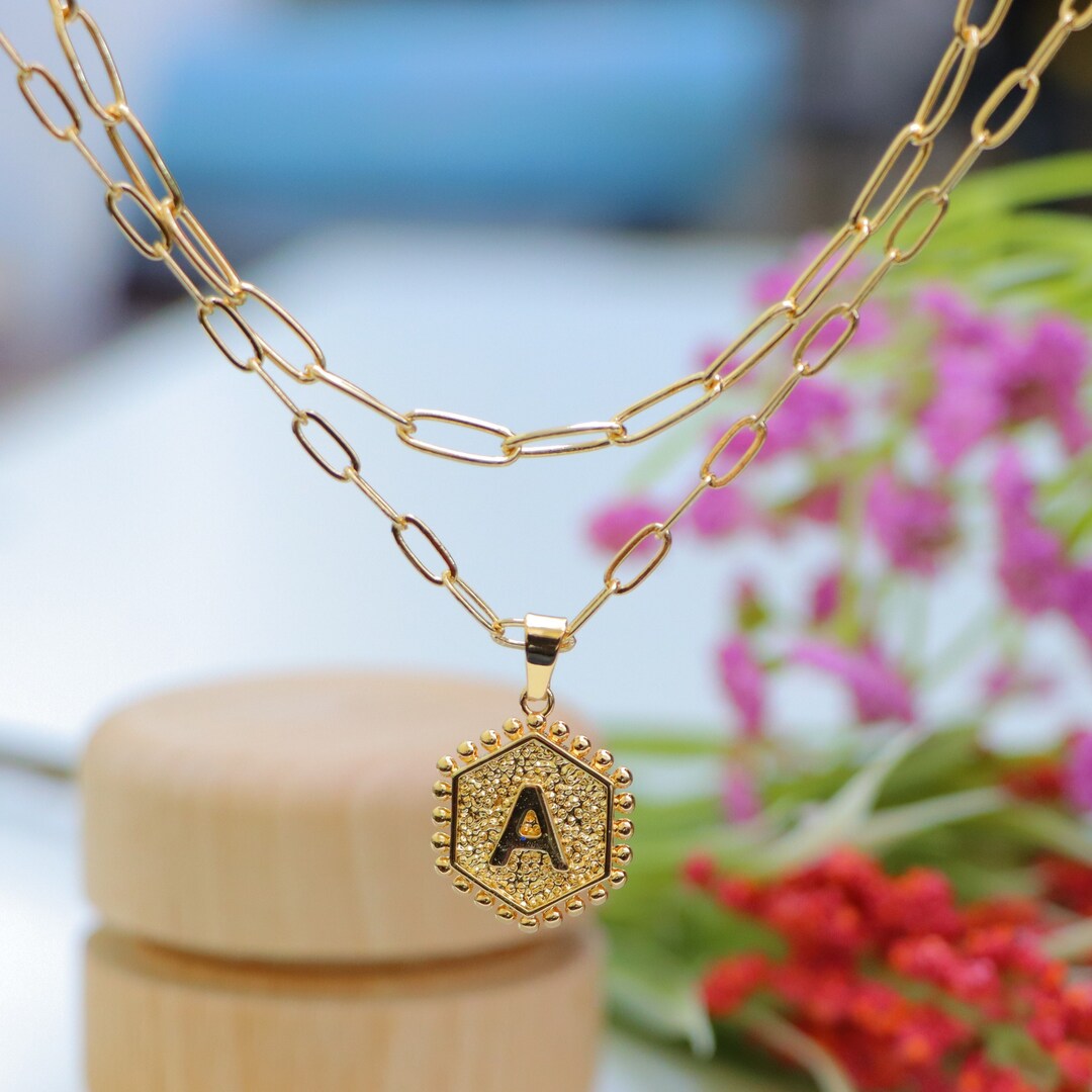 Hexagon Letter Initial Choker Necklace, Gold Paperclip Chain Necklace ...
