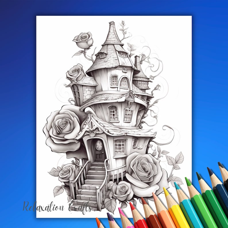 Blooming Fairy Homes Coloring Pages, Grayscale Flower Houses & Fairy ...