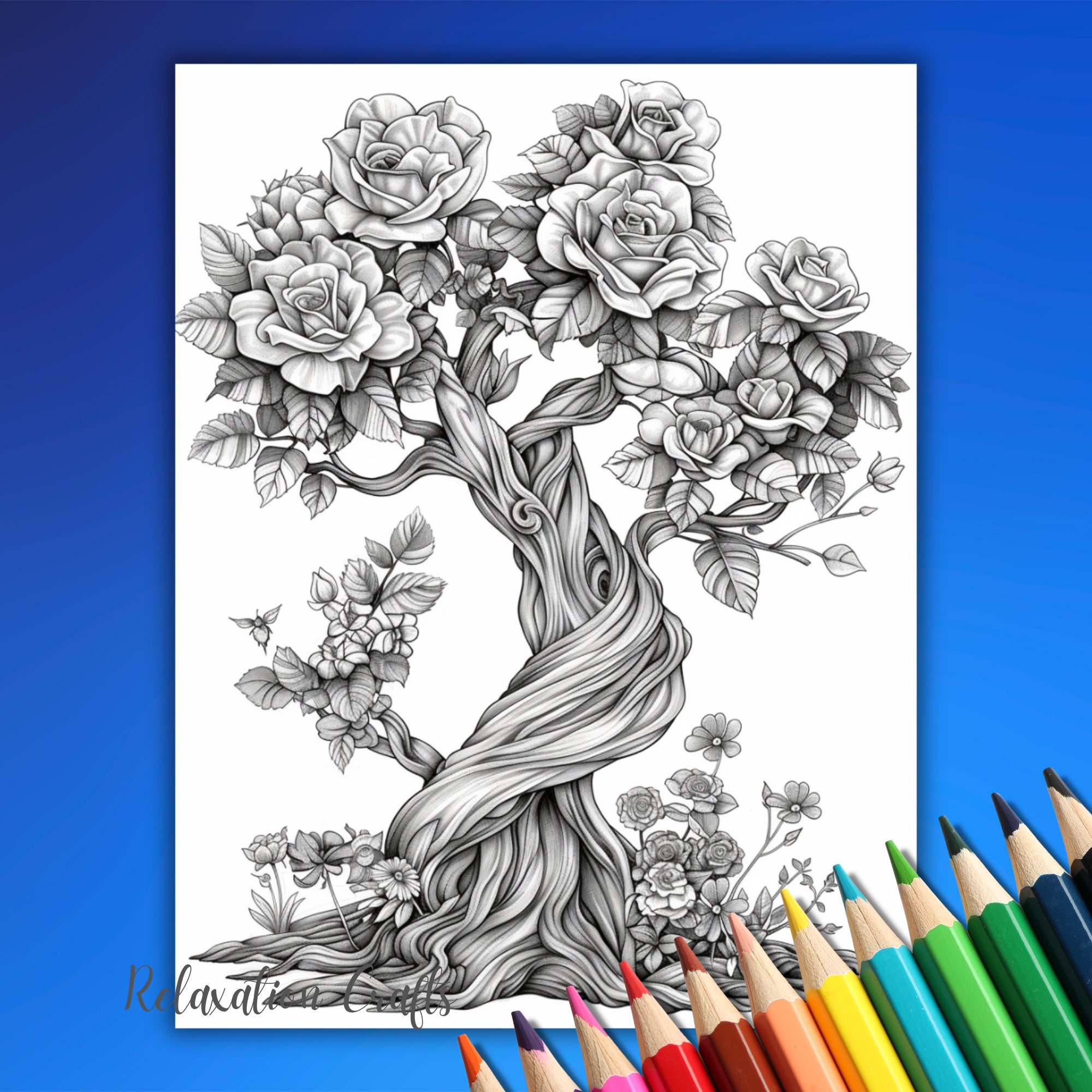Magical Floral Trees Grayscale Coloring Pages for Adults, 60 Pages ...