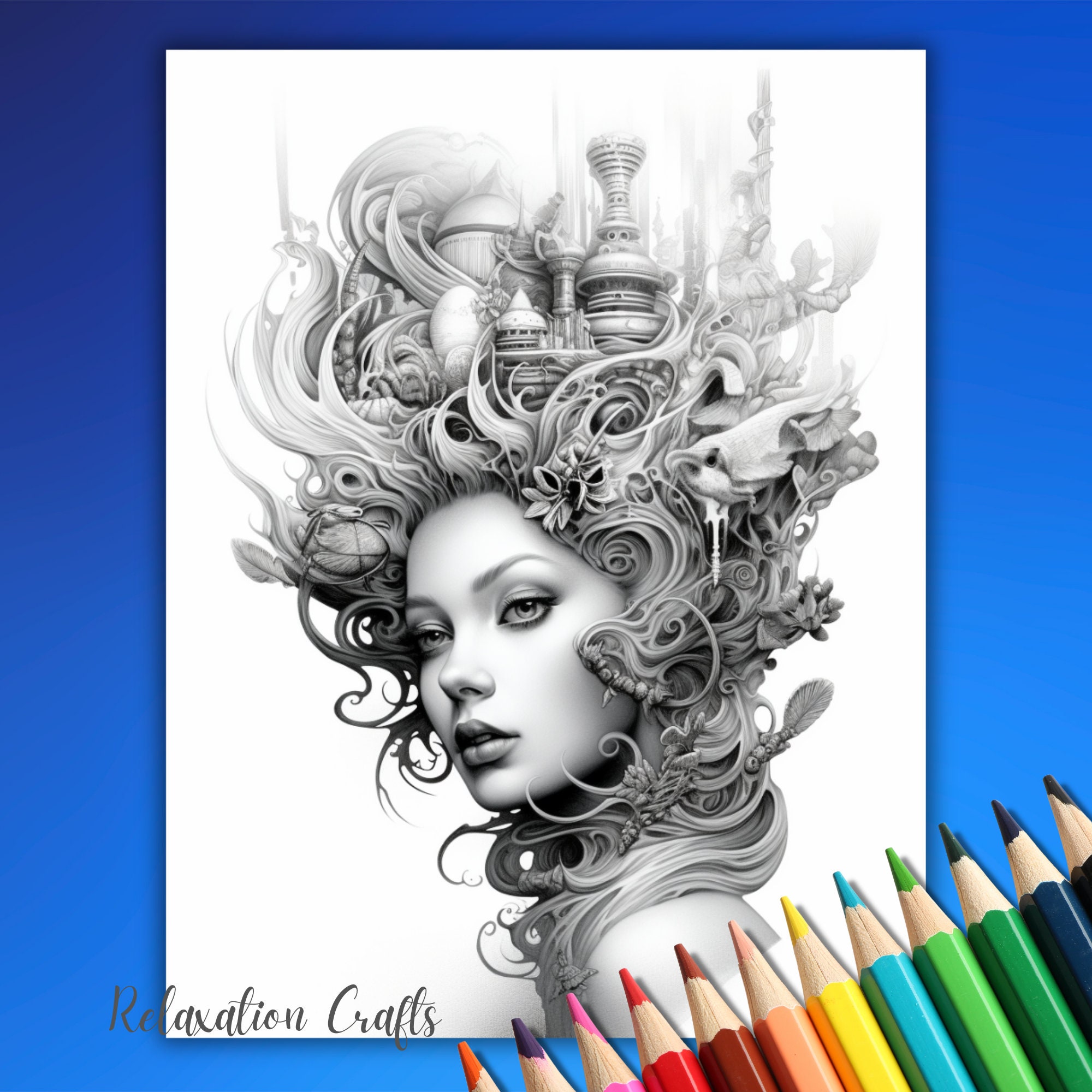 Surrealism Women Coloring Pages Digital Download, Adult Grayscale Art ...