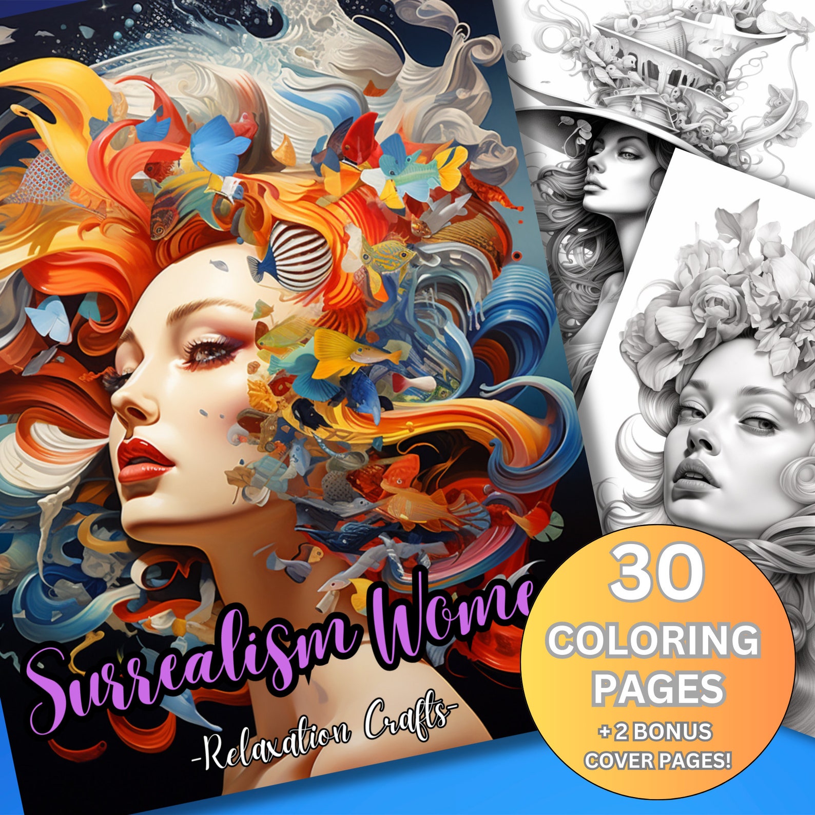 Surrealism Women Coloring Pages - Digital Download, Adult Grayscale Art ...