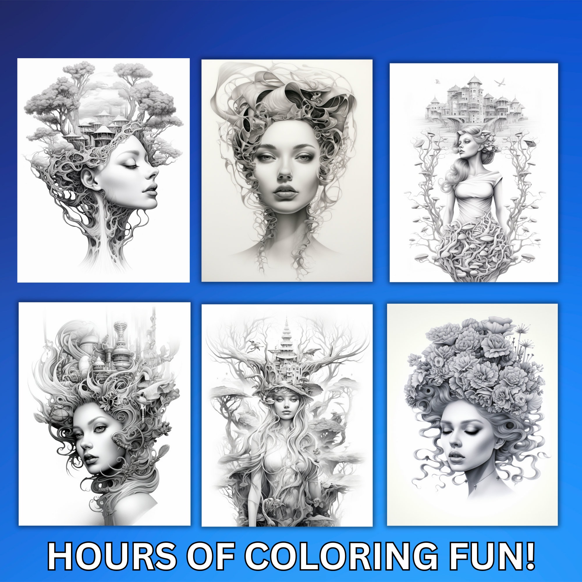 Surrealism Women Coloring Pages Digital Download, Adult Grayscale Art ...