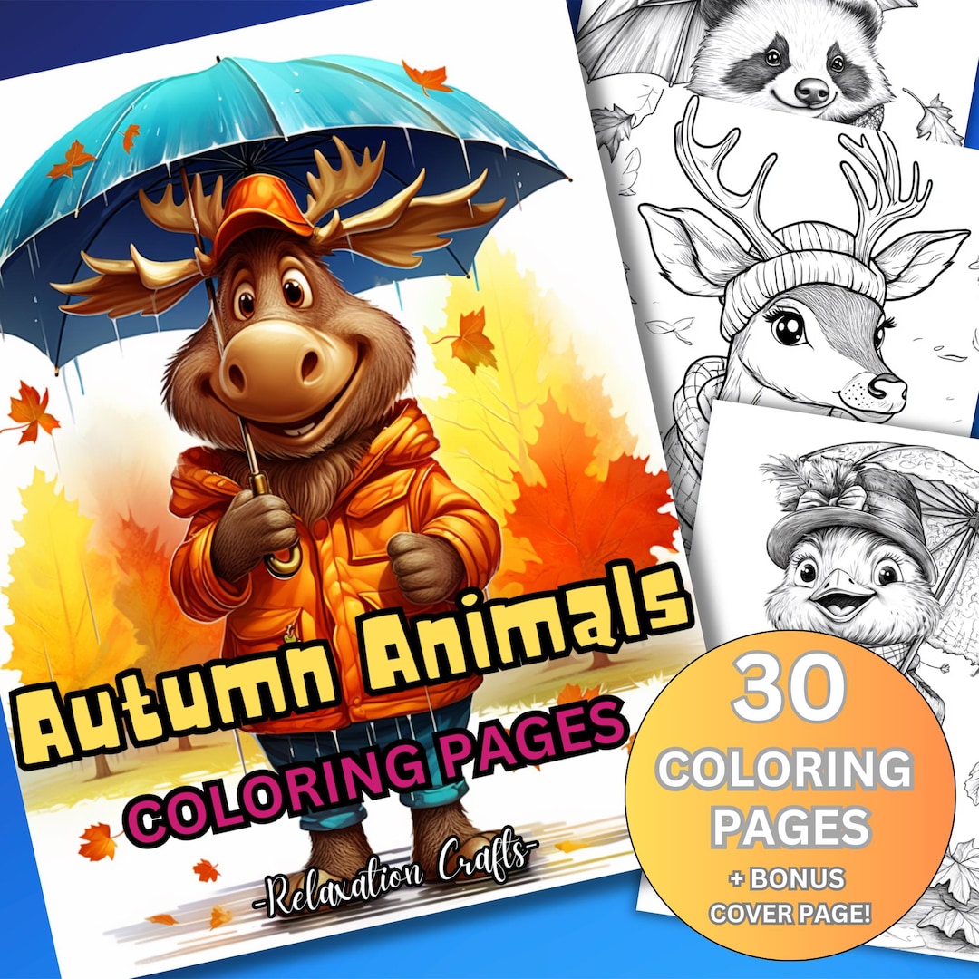 Autumn Animals Coloring Pages | 30 Grayscale Adult Fall Woodland ...