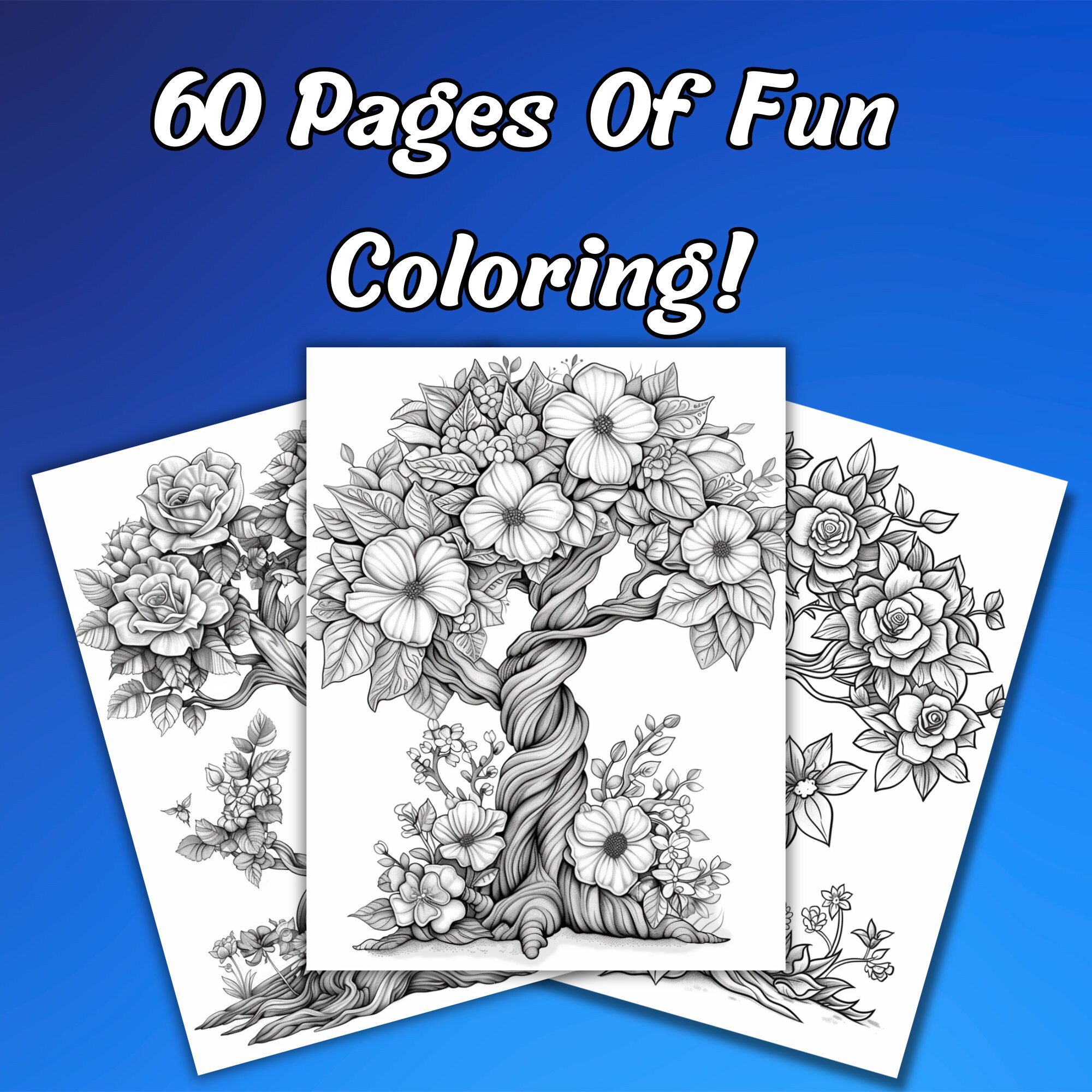Magical Floral Trees Grayscale Coloring Pages for Adults, 60 Pages ...