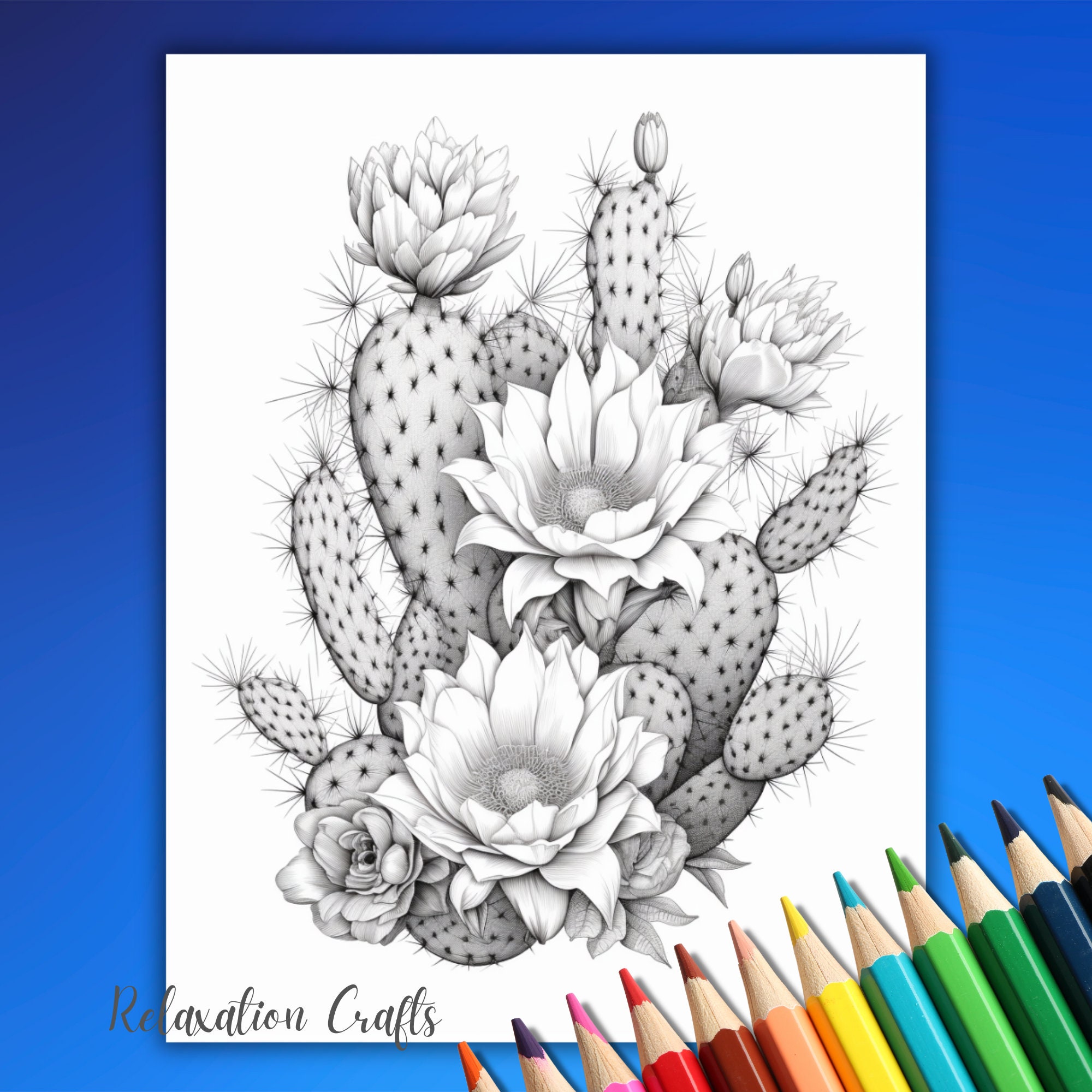 Floral Cactus Coloring Book for Adults, 40 Grayscale Pages for Stress ...