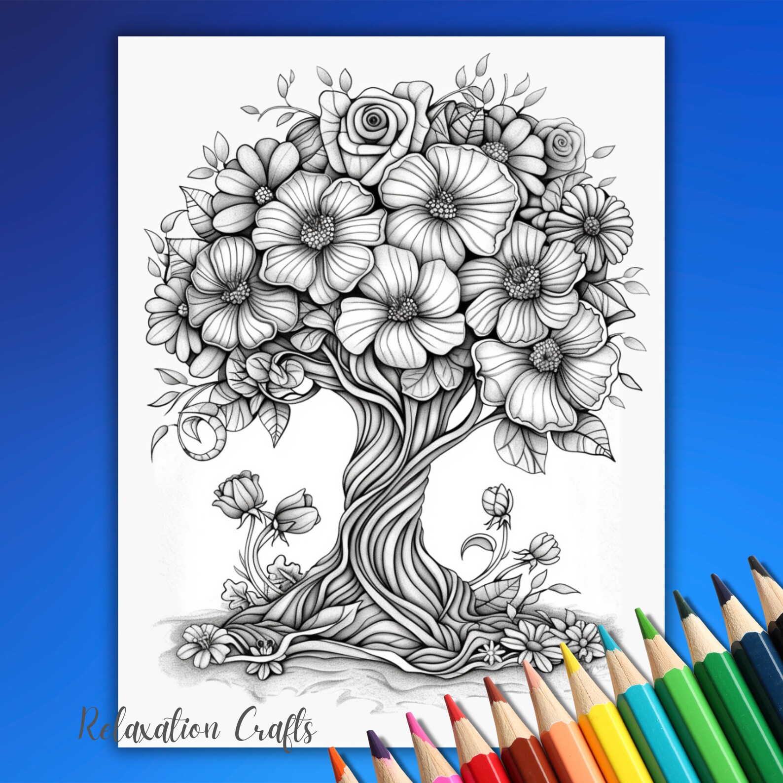 Magical Floral Trees Grayscale Coloring Pages for Adults, 60 Pages ...