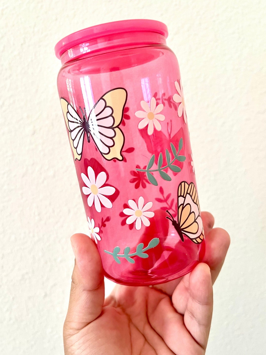 Butterfly Flower Iced Coffee Glass Cup: Pink Jelly Lid & Glass Straw - Etsy