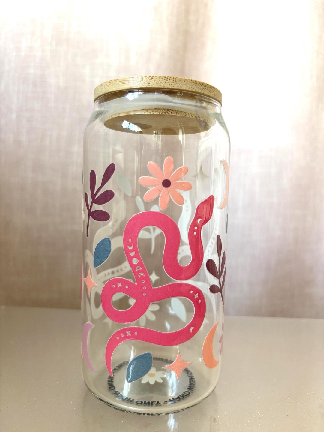 Boho Snakes Glass Cup, Serpent Design Coffee Mug, Glass Cup With Bamboo ...