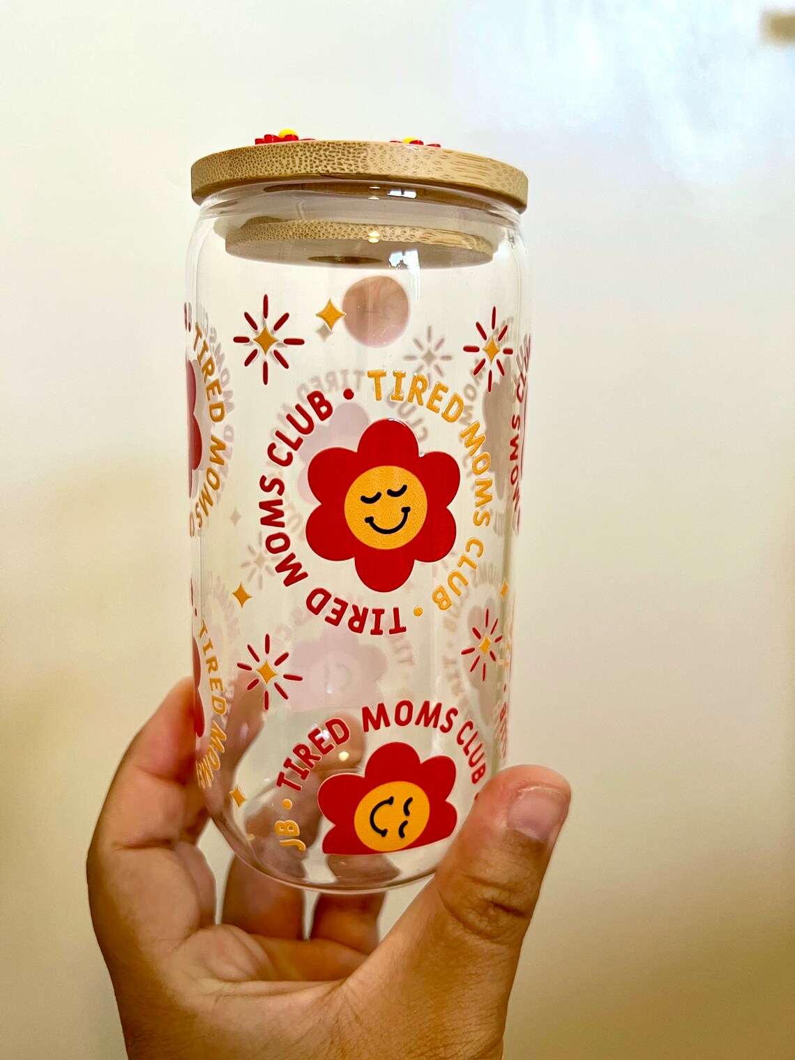 Tired Moms Club Iced Coffee Glass Cup, Happy Face Glass Tumbler With ...