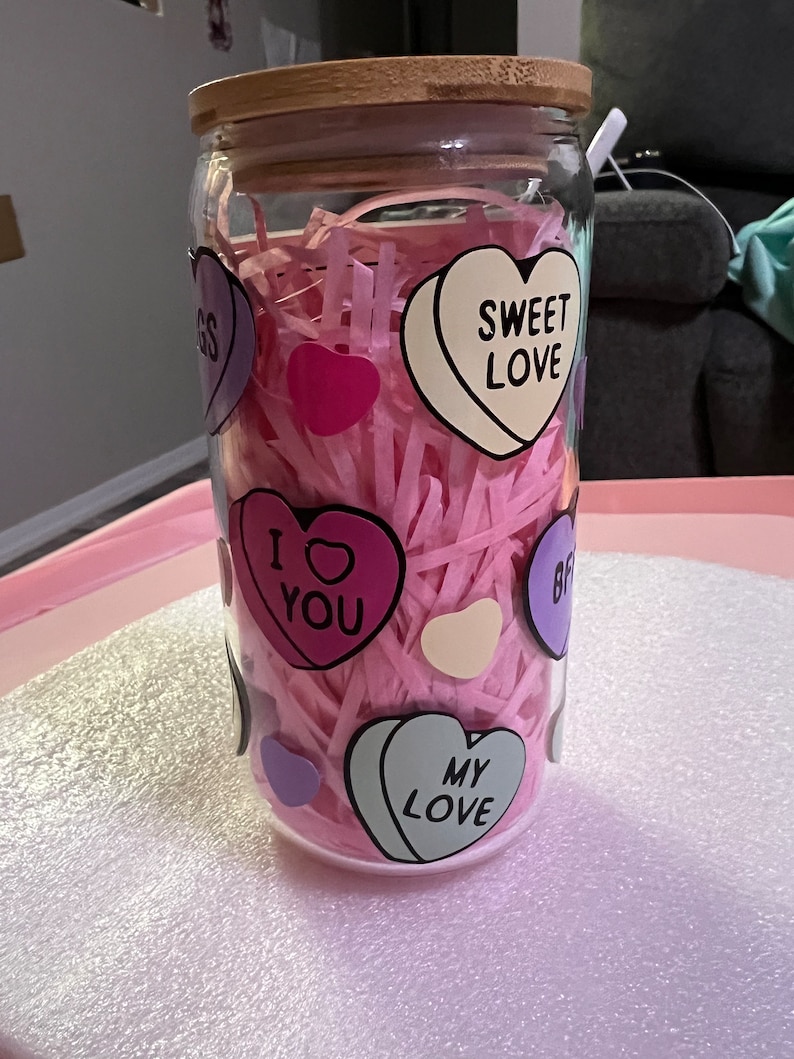 Candy Hearts Iced Coffee Glass Cup,glass Tumbler With Bamboo Lid and ...