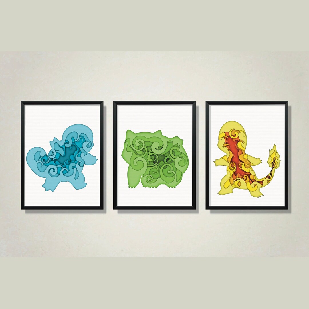 Set of 3 Gen 1 Starter Pokémon Poster, Digital Print, Charmander ...