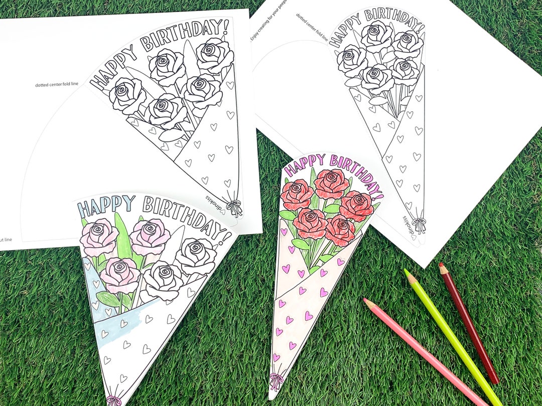 Birthday Coloring Card PDF, Birthday Card Printable, Rose Bouquet ...