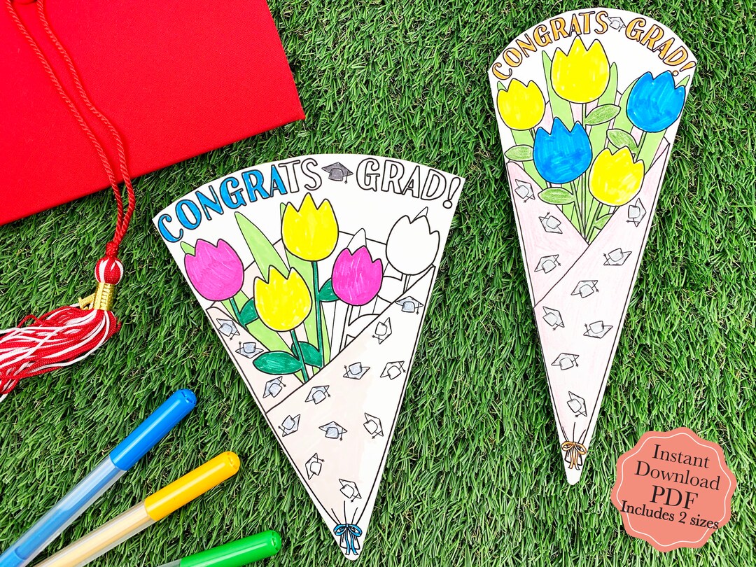 Graduation Coloring Card Printable, Graduation Card PDF, Tulip Bouquet ...