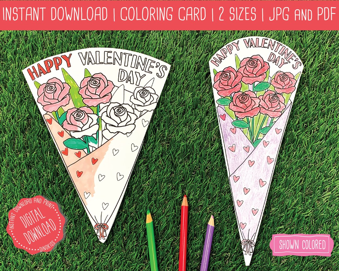 Valentines Day Coloring Card PDF, Valentines Day Card Printable, Rose ...