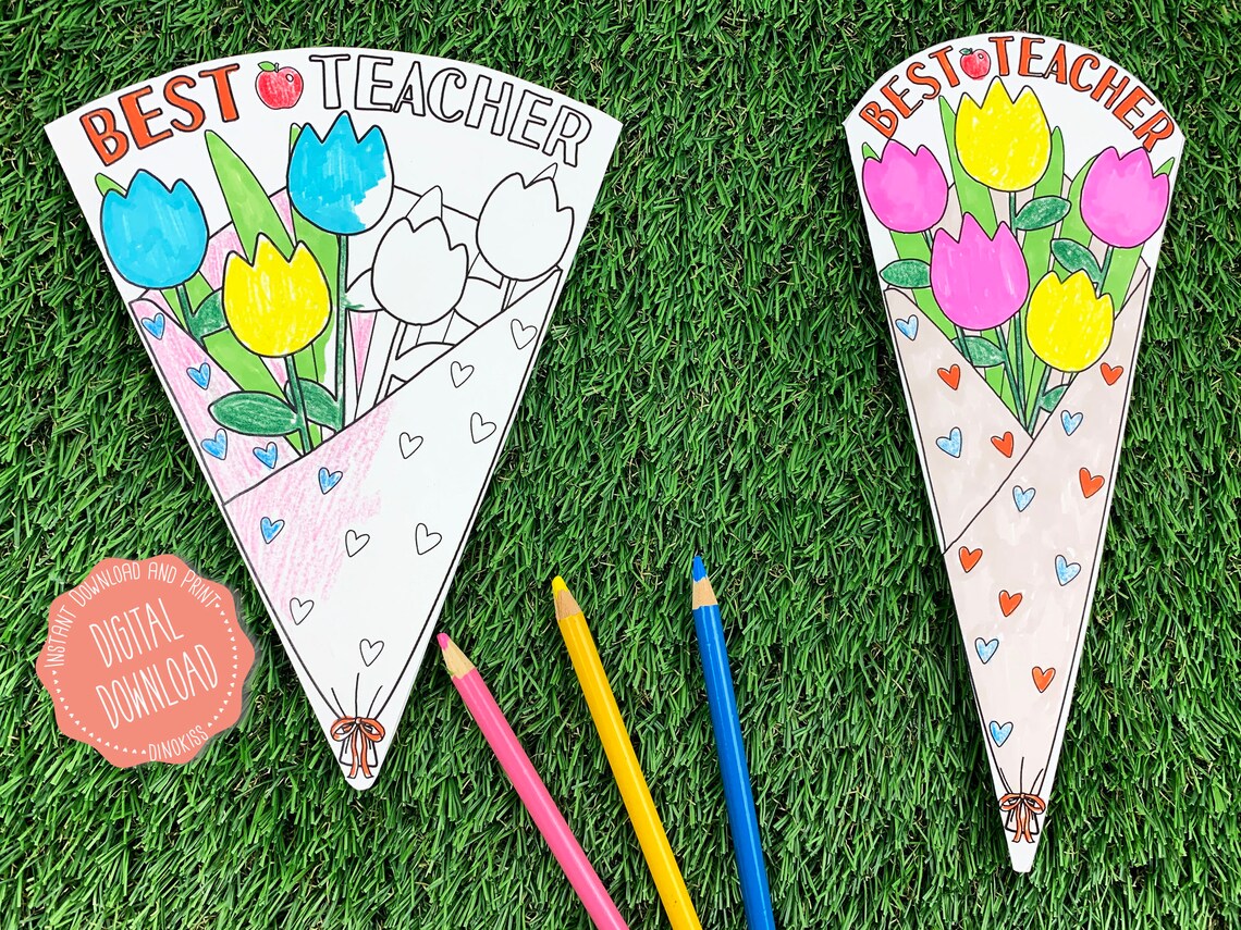 Teacher Appreciation Coloring Card Tulip Teacher Card | Etsy