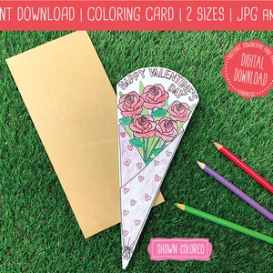 Valentines Day Coloring Card PDF, Valentines Day Card Printable, Rose ...