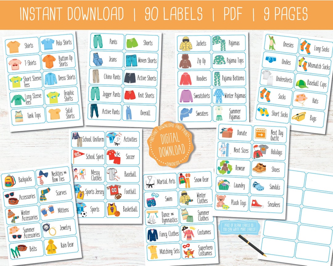 Kid Boy Dresser Clothing Labels Printable, Set of 90 Labels, Boys ...
