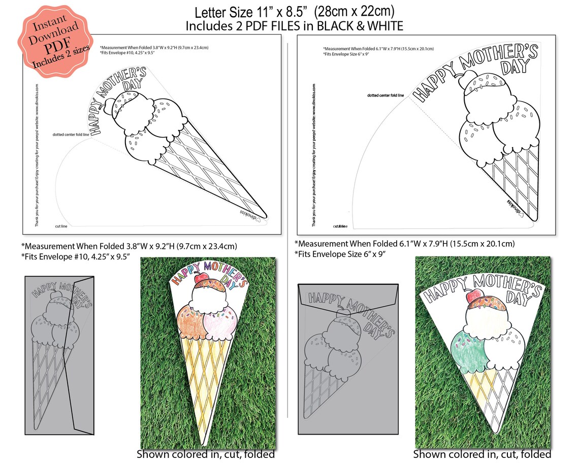 Mothers Day Coloring Card Pdf Ice Cream Cone Printable Mothers - Etsy