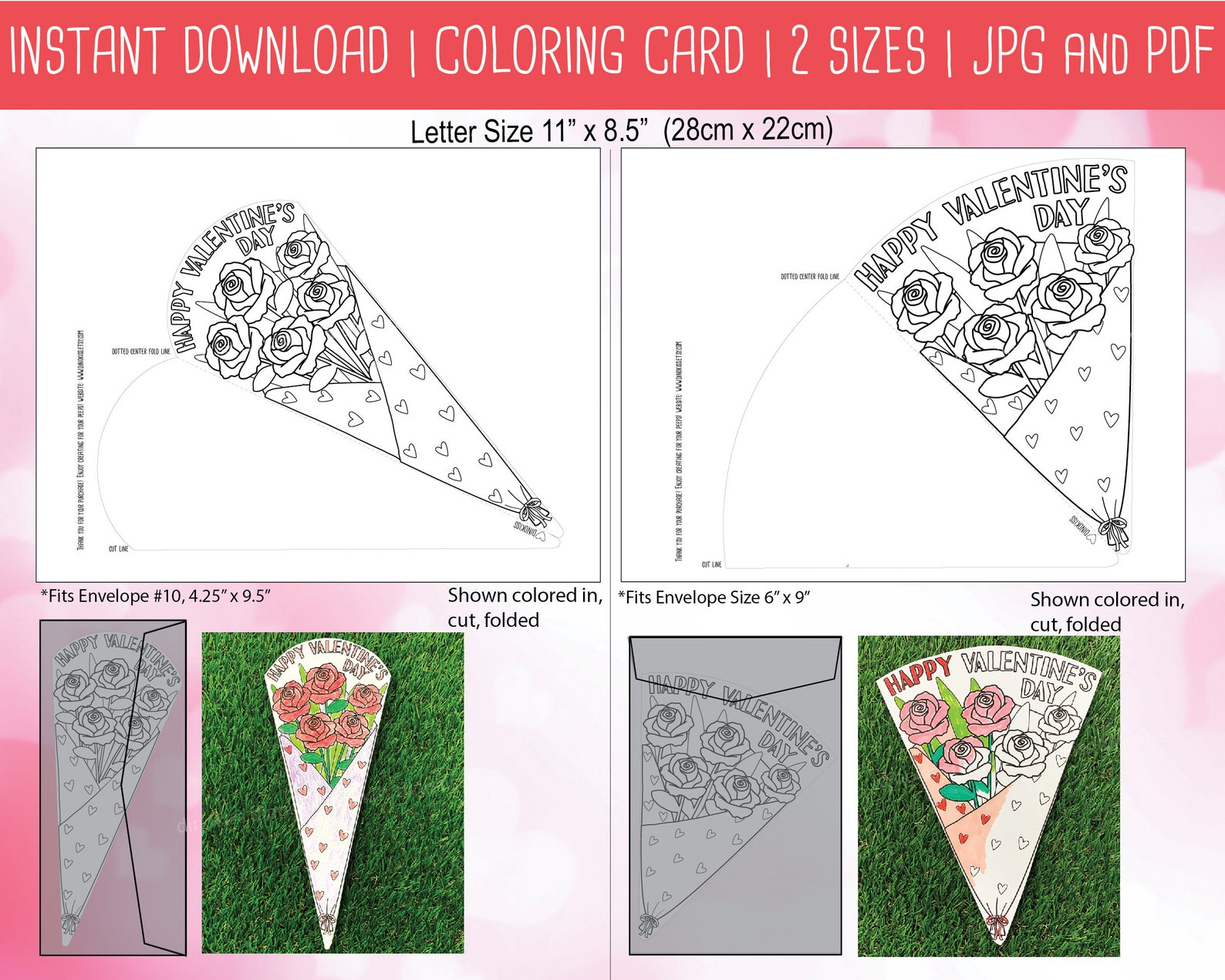 Valentines Day Coloring Card PDF, Valentines Day Card Printable, Rose ...