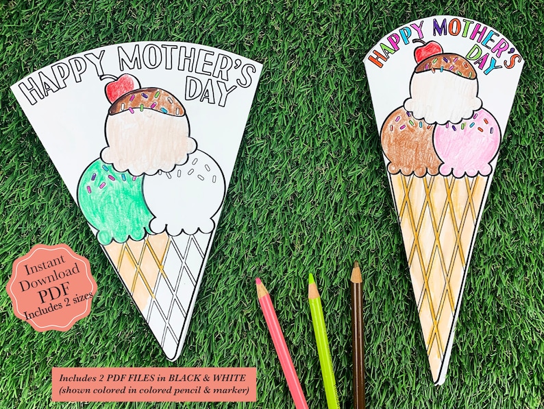 Mothers Day Coloring Card Pdf Ice Cream Cone Printable Mothers - Etsy