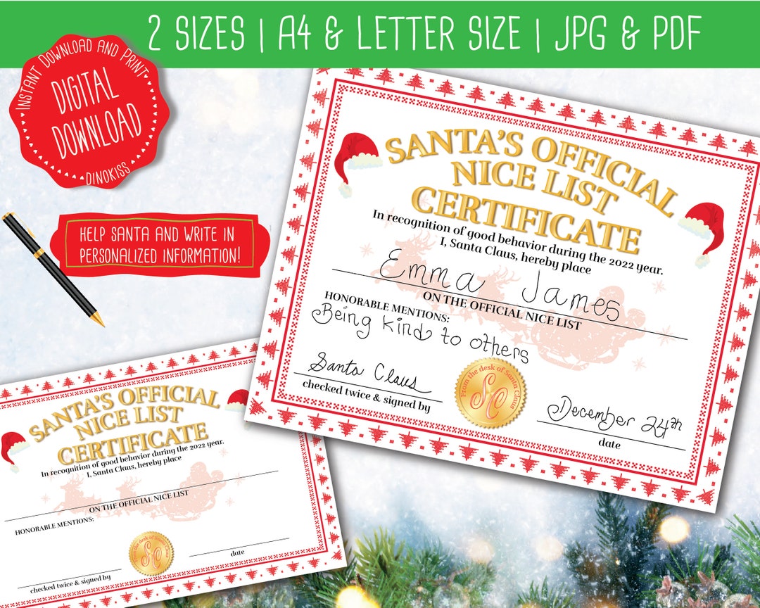 Santa's Official Nice List Certificate Printable Santa - Etsy