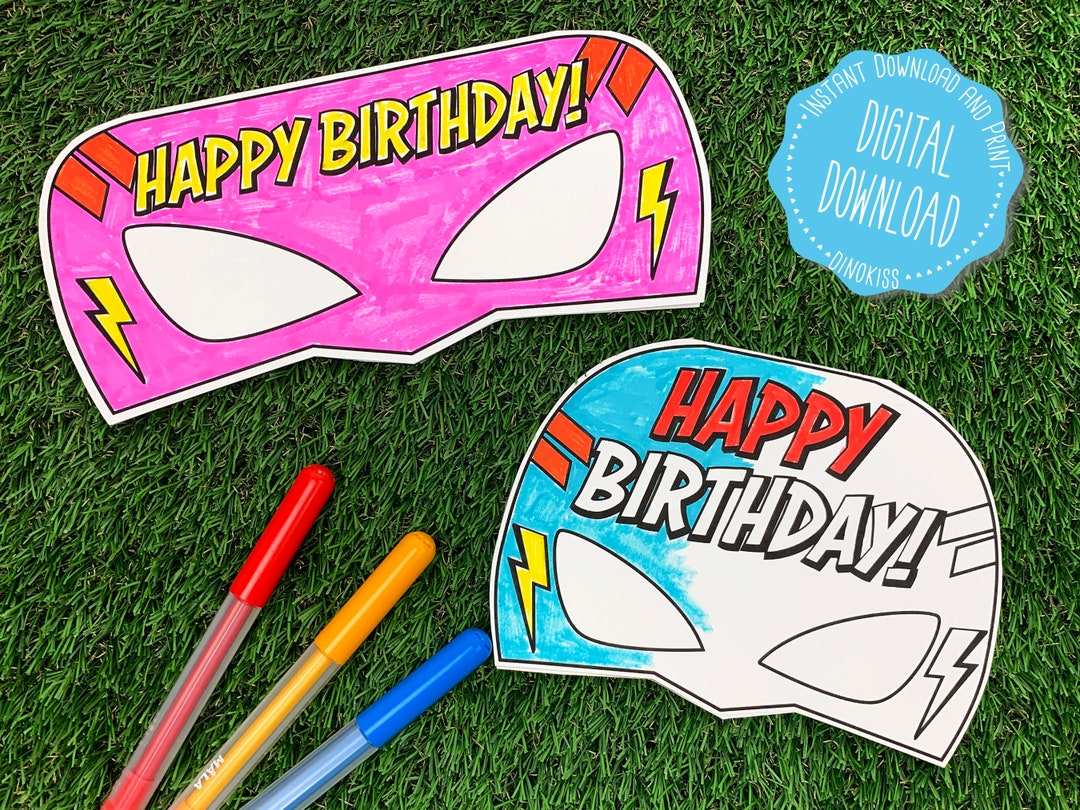 Happy Birthday Superhero Mask Coloring Card Printable, Birthday ...