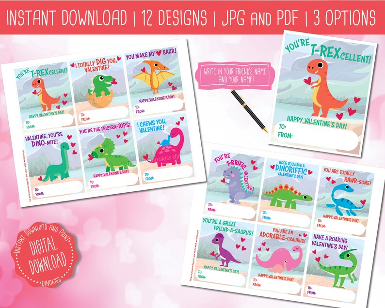 Valentines Day Cards Printable Dinosaur Valentine Valentines - Etsy