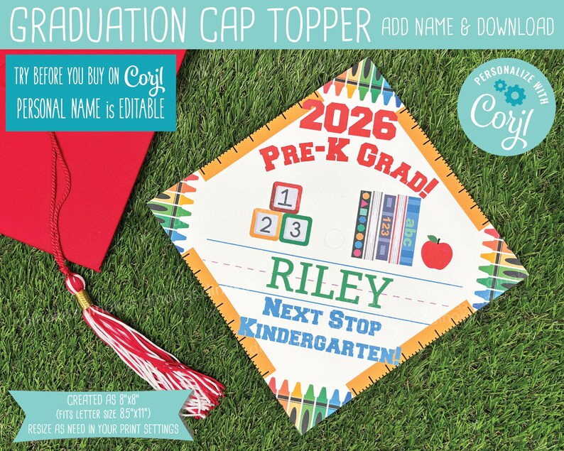EDITABLE NAME TYPED - 2026 Pre-k, Graduation Cap Topper Printable, Grad ...