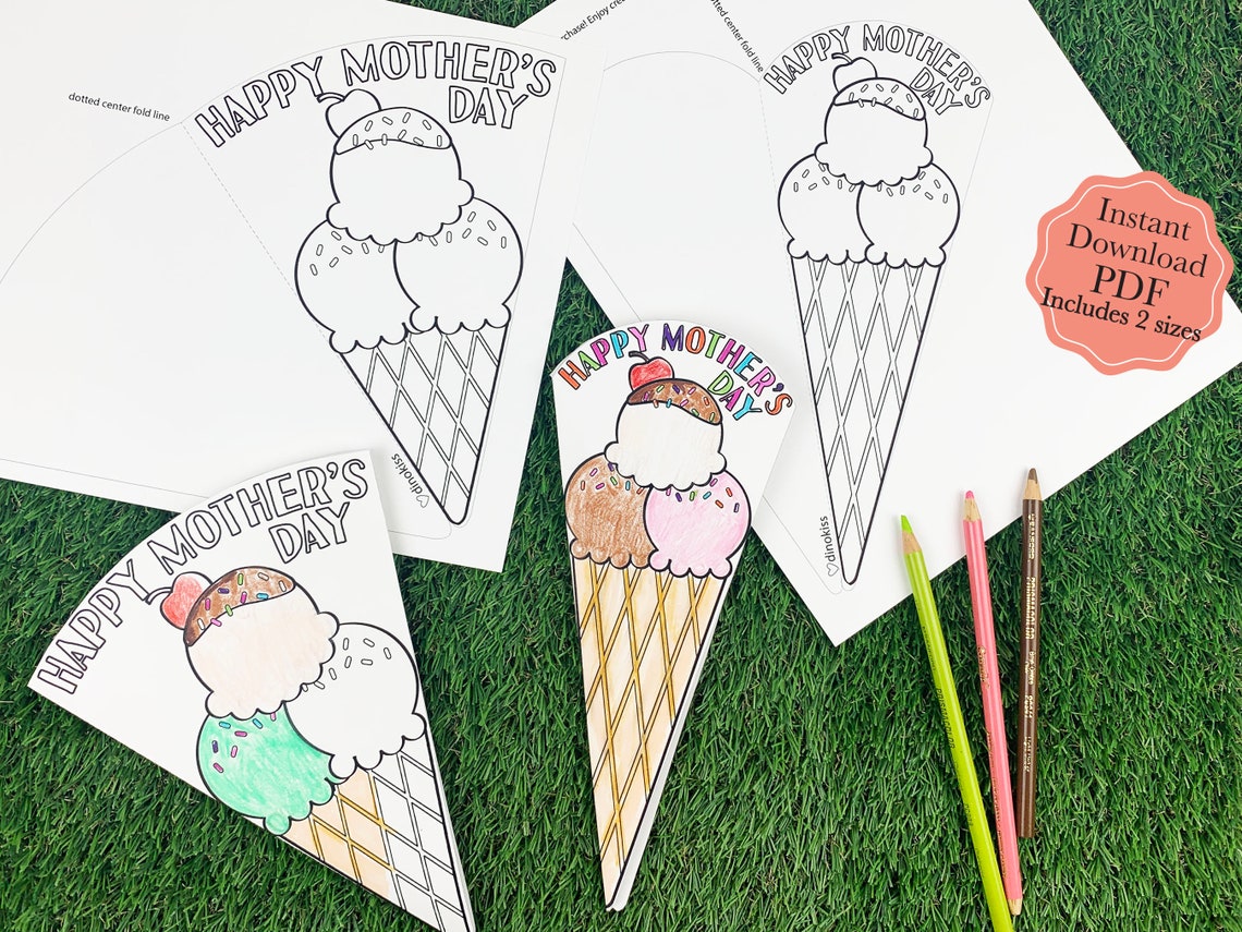 Mothers Day Coloring Card Pdf Ice Cream Cone Printable Mothers - Etsy