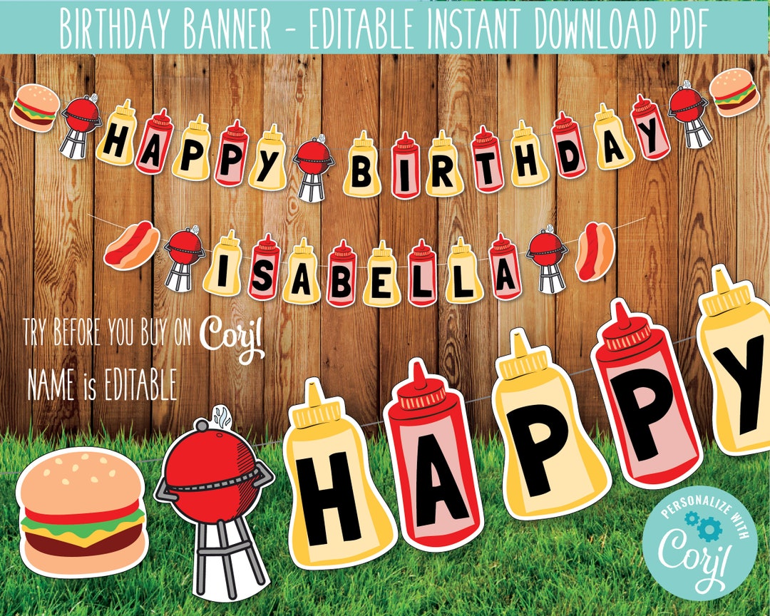 BBQ Birthday Banner Editable Printable, Backyard BBQ Birthday, Barbecue ...