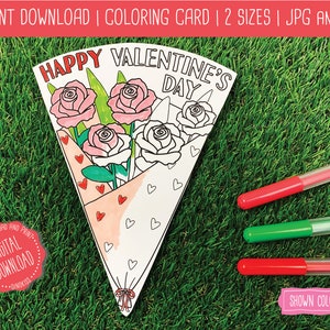 Valentines Day Coloring Card PDF, Valentines Day Card Printable, Rose ...