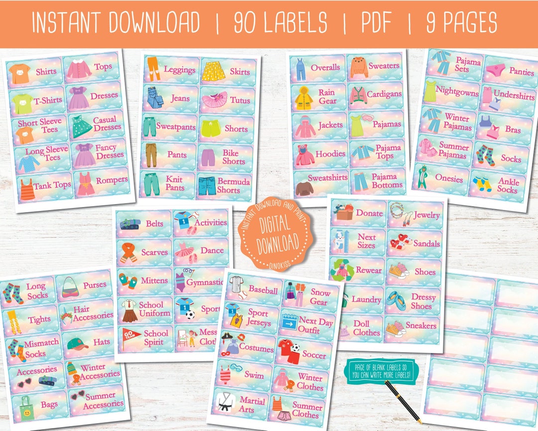 Kid Girl Dresser Clothing Labels Printable, Set of 90 Labels, Kids ...