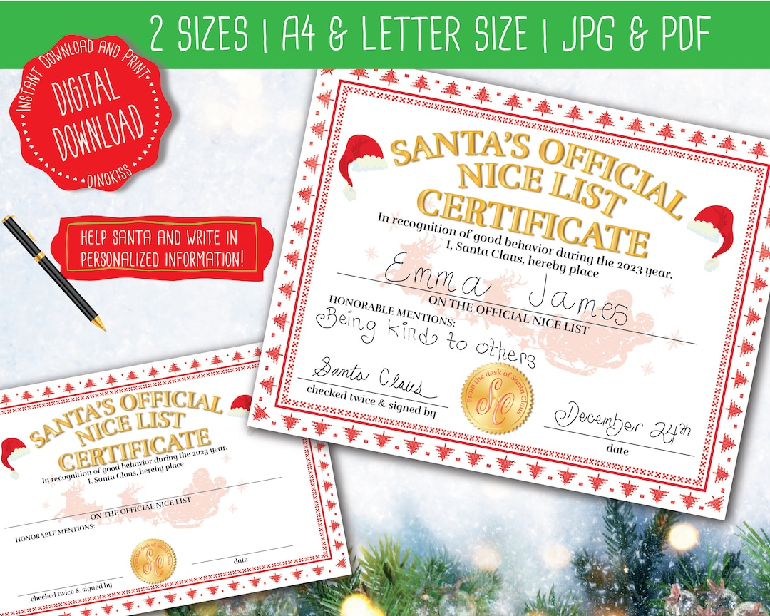 2023 Santa's Official Nice List Certificate Printable, Santa Nice List ...