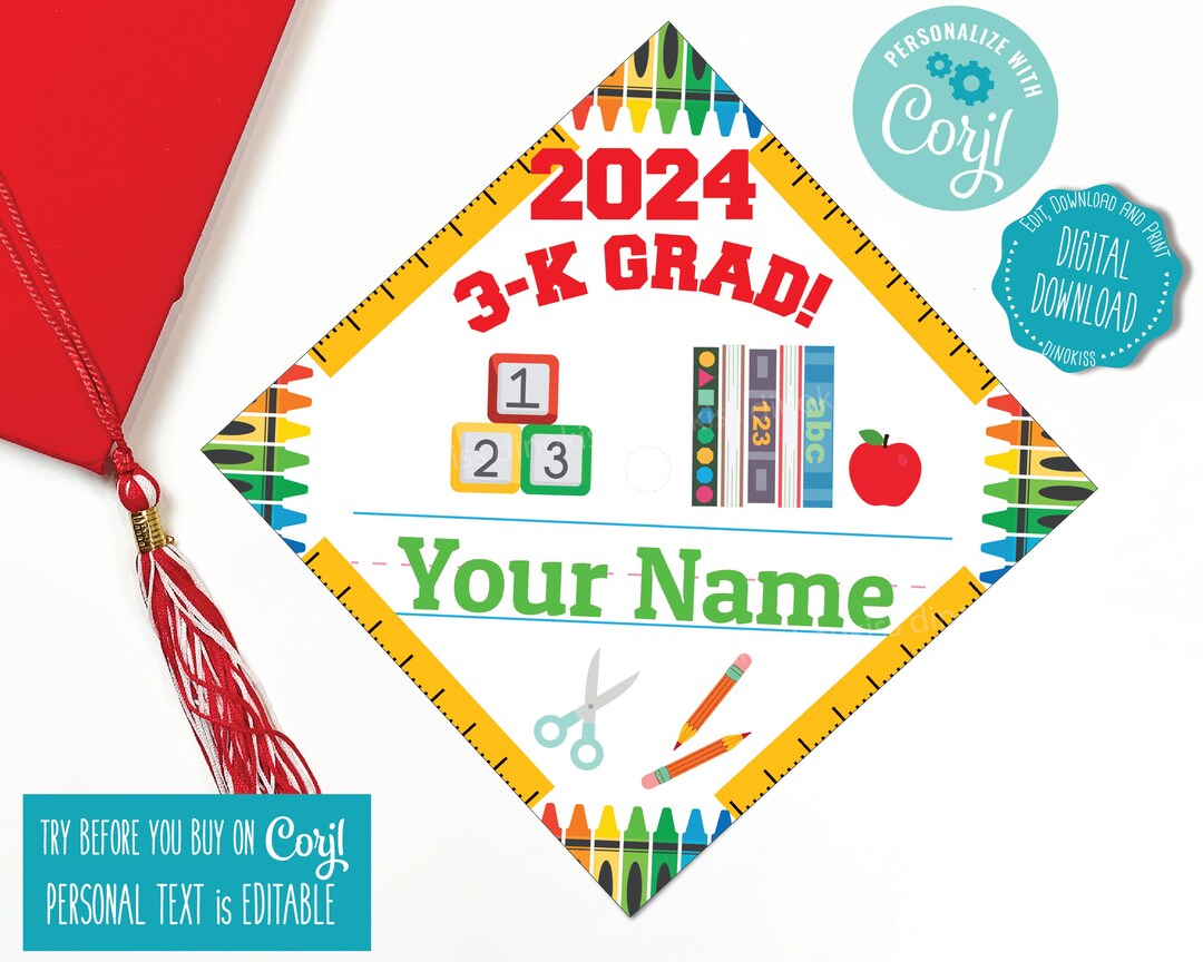 3-K no Kinder Personalized 2024 Graduation Cap Topper, Graduation ...