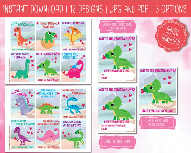 Valentines Day Cards Printable Dinosaur Valentine Valentines - Etsy