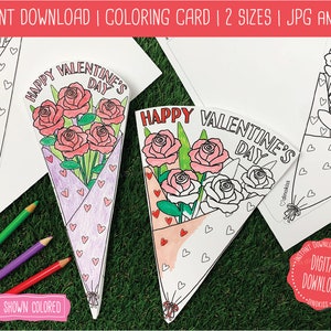 Valentines Day Coloring Card PDF, Valentines Day Card Printable, Rose ...