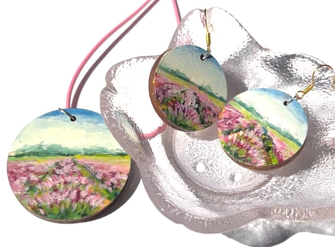 Hand Painted Lavender Field Necklace and Earrings Set, Landscape ...