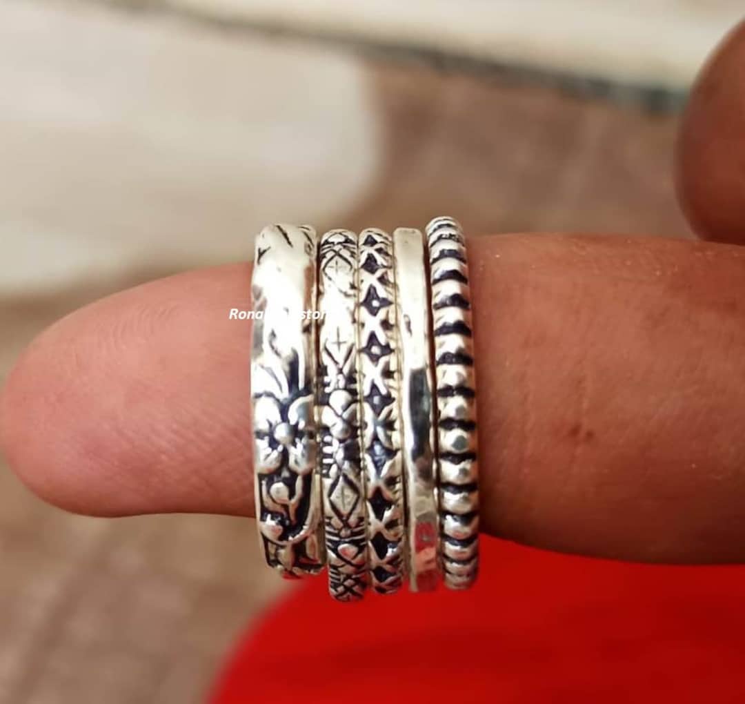 Set of 5 Sterling Silvers, Pure Silver Rings, Assorted Pattern Rings ...
