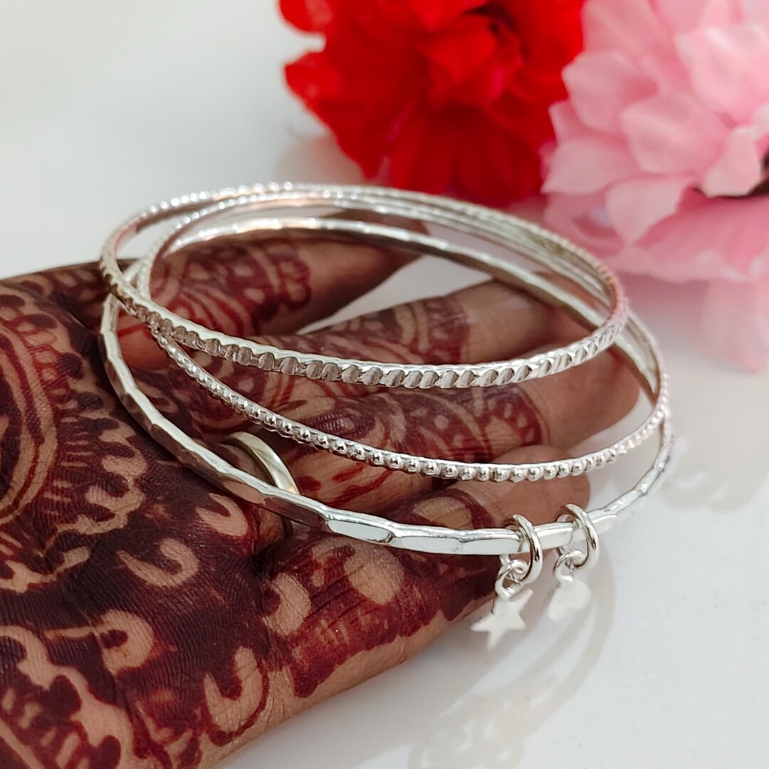 925 Sterling Silver Stacking Bangles Set, Thin Silver Bangle, Heart ...