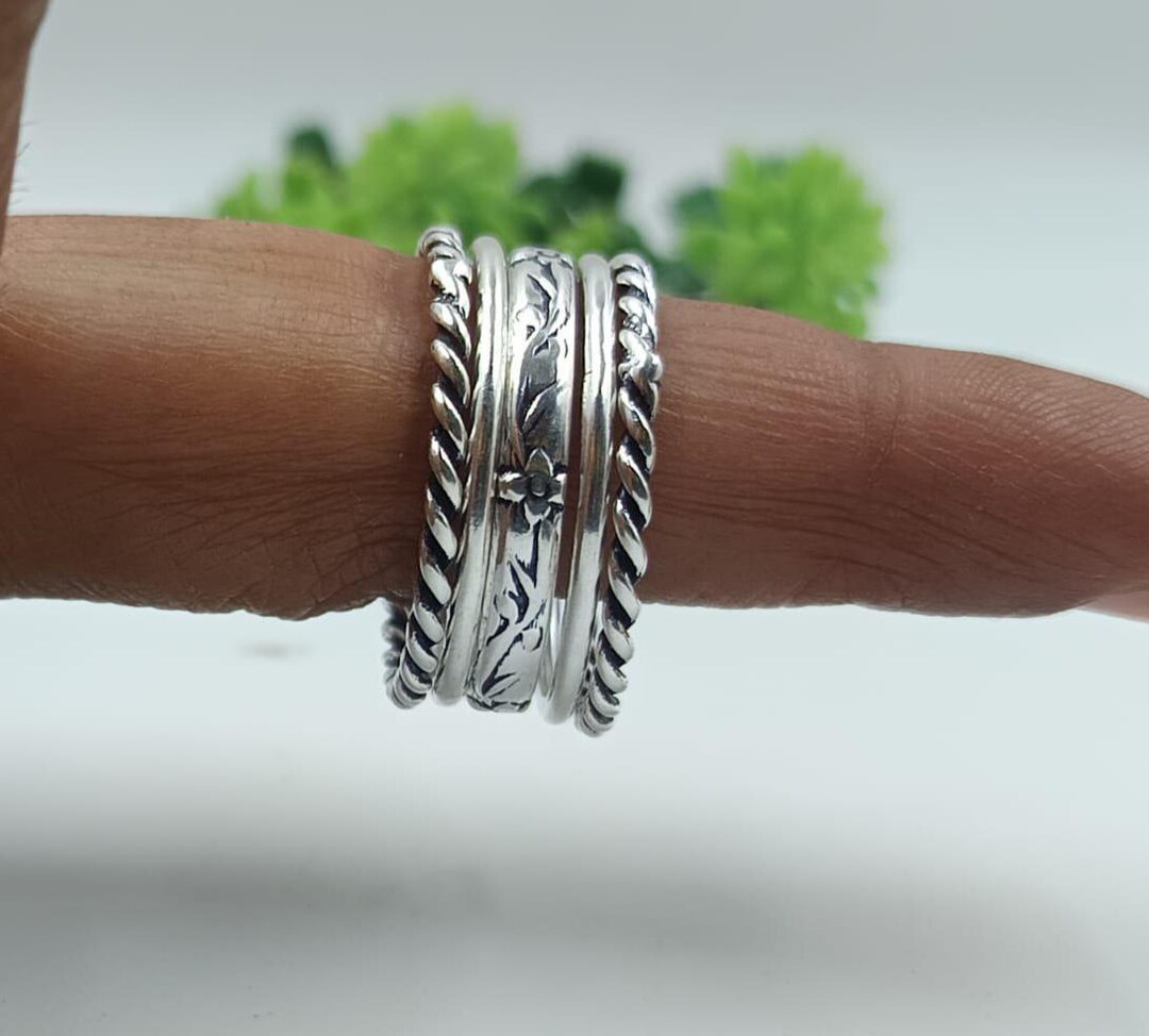 Set of 5 Sterling Silver Textured Midi Rings, Boho Stacking Bands ...