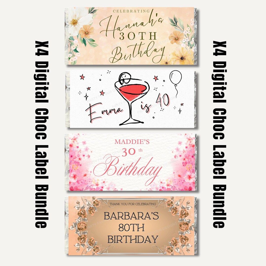 X4 Bundle Ladies, Female Birthday Party Favour. Candy Bar Wrapper. Mini ...
